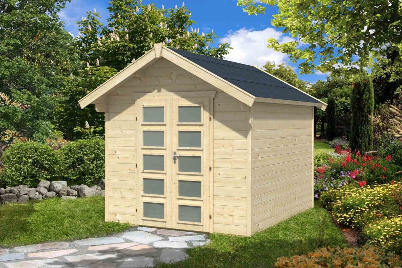 7,5 m2 træskur i solide bjælker | Få et praktisk skur hos Sølund Huse